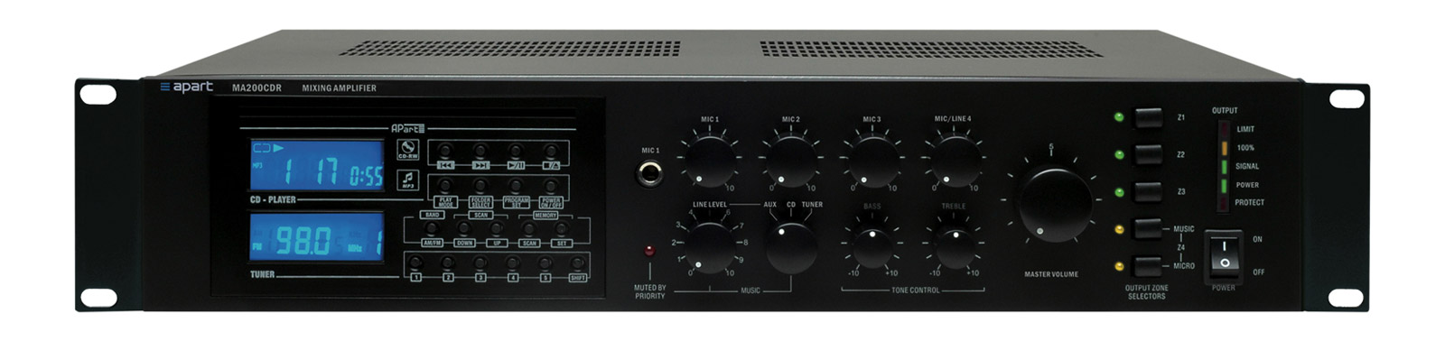 APART MA200CDR AMPLI MELANGEUR 200W/8, 50V, 70V, 100V, tuner, CD, 4entr ...