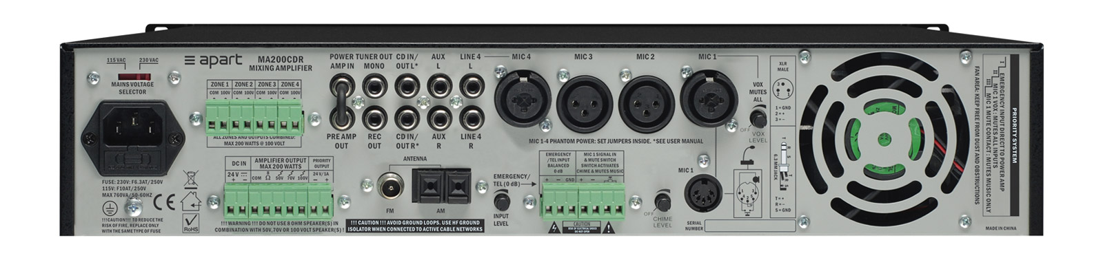 APART MA200CDR AMPLI MELANGEUR 200W/8, 50V, 70V, 100V, tuner, CD, 4entr ...